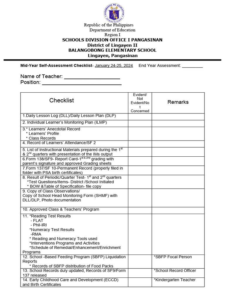 Mid-Year Self-Assessment Checklist 2024 | PDF | Learning