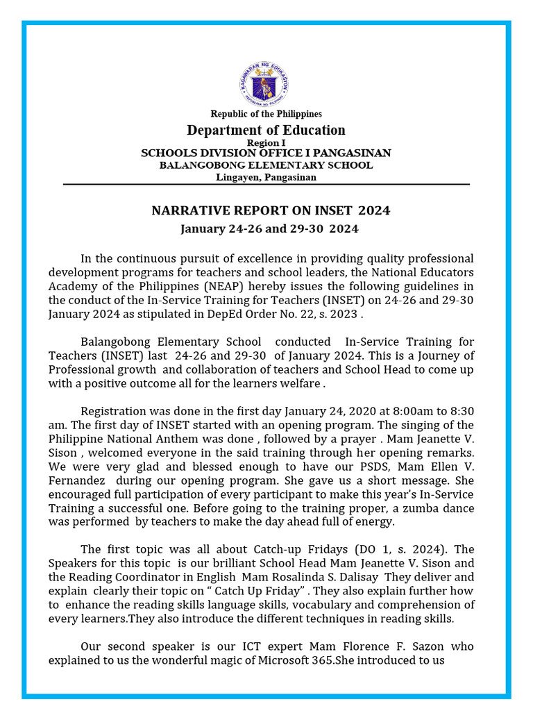 BalangobongES Narrrative Report On INSET 2024 | PDF | Sex Education