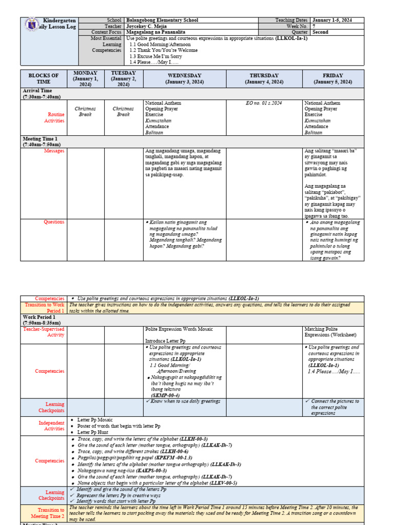 Kindergarten DLL MELC Q2 Week 7 Asf | PDF | Learning | Teachers