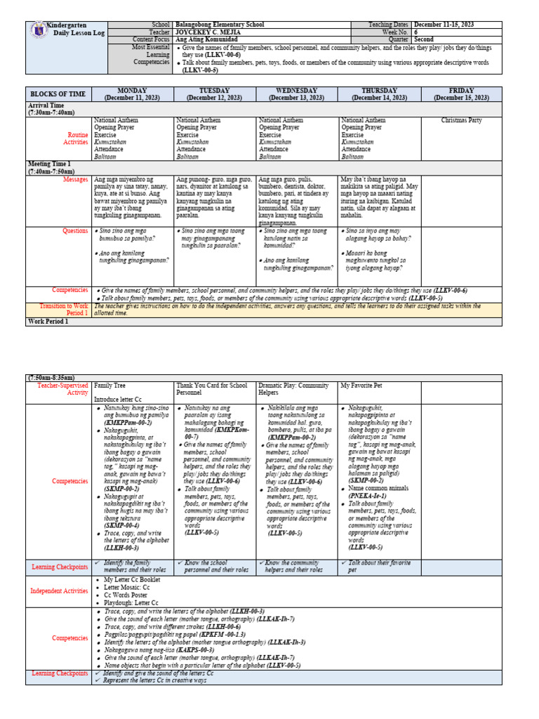 Kindergarten DLL MELC Q2 Week 6 Asf | PDF | Learning | Teachers