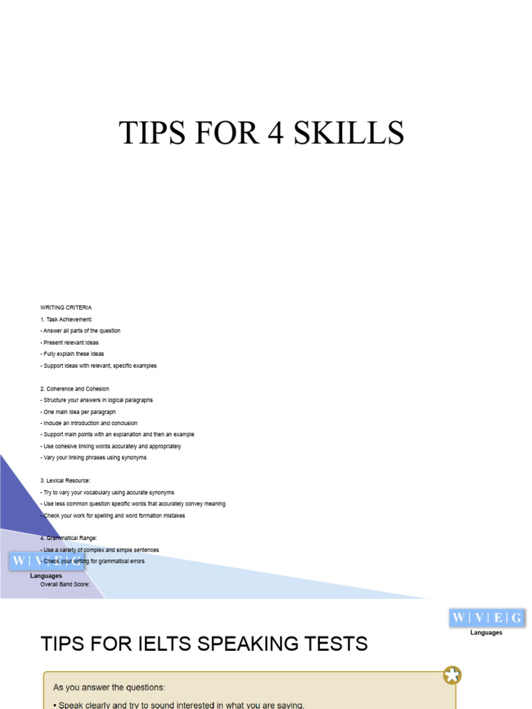 ST Slides - TIPS FOR 4 SKILLS | PDF | Question | Stress (Linguistics)