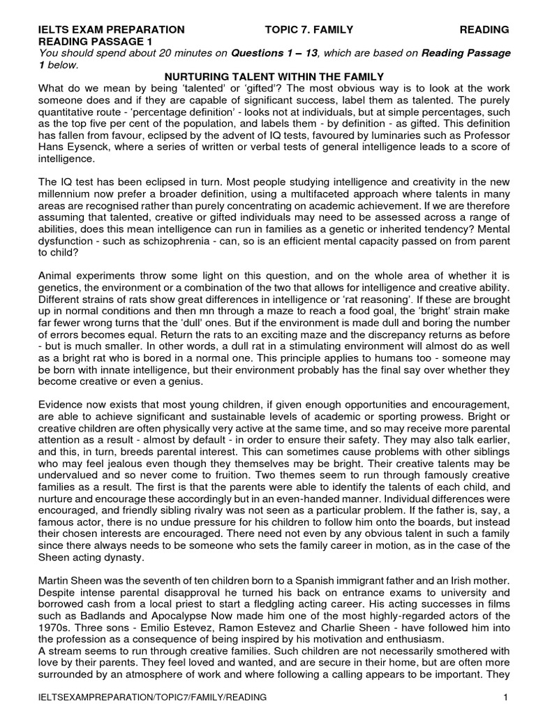 Topic 7 Family Reading Test | PDF | Intelligence | Parental Leave