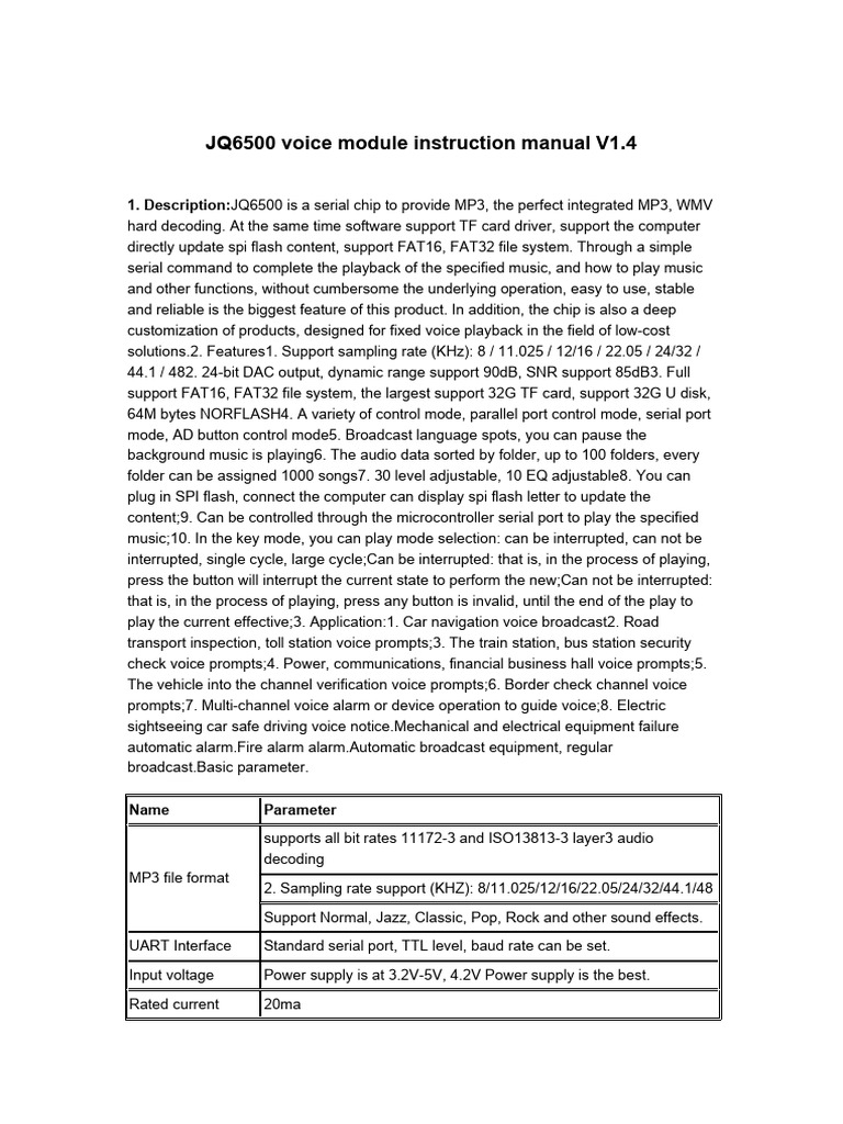 JQ6500 Voice Module Manual V1.4 | PDF | Power Supply | Computer File