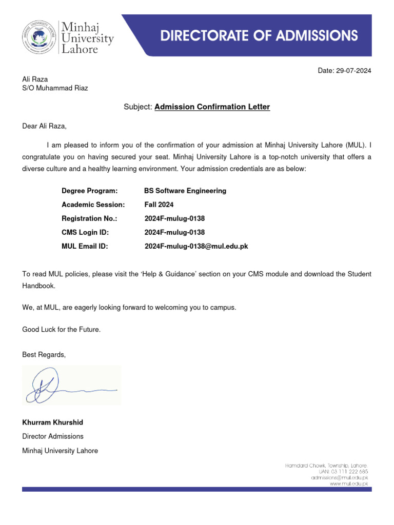 Admission Confirmation Letter | PDF