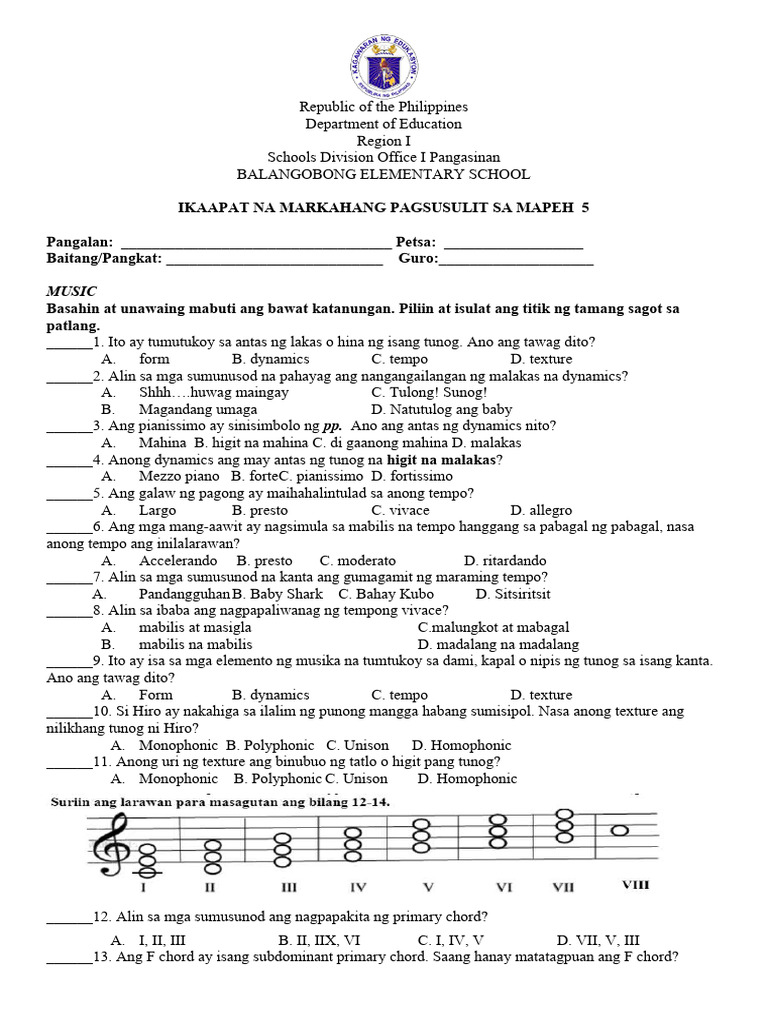 4th Quarter Exam MAPEH | PDF