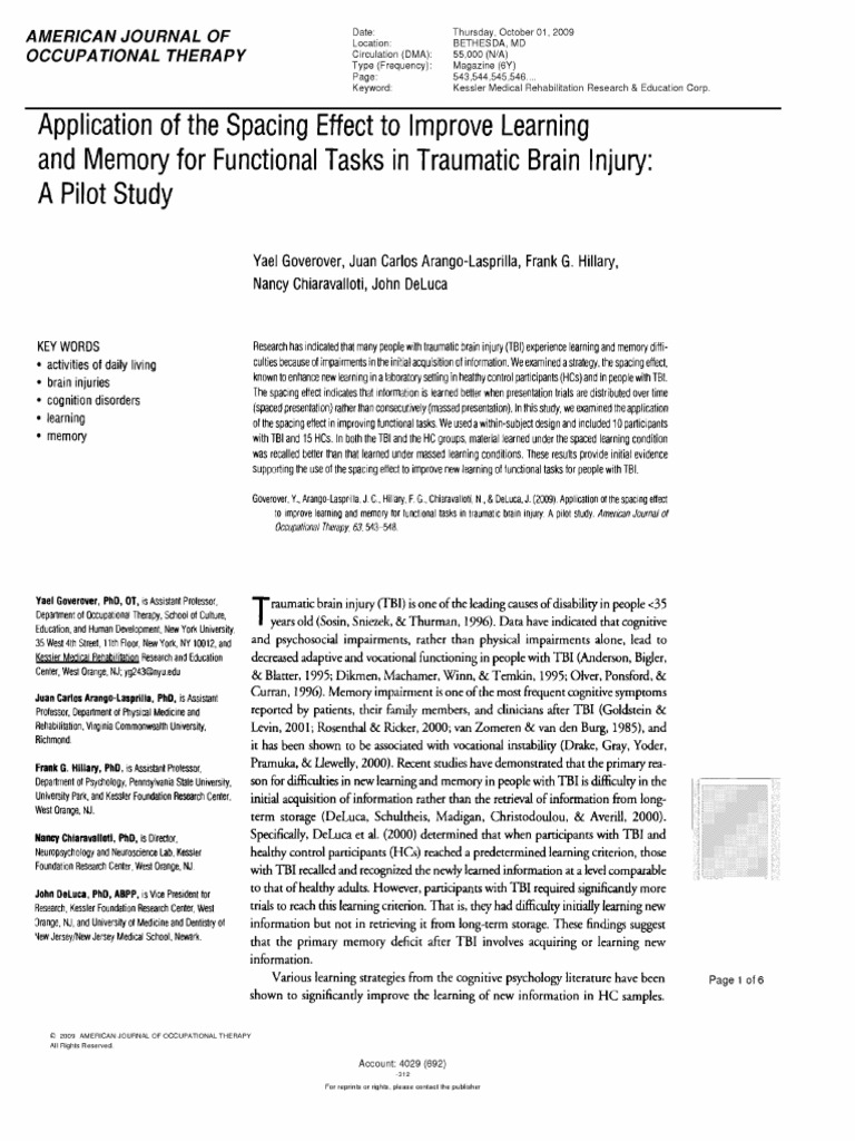 Goverover. (2009) - Application of The Spacing Effect To Improve Learning and Memory | PDF