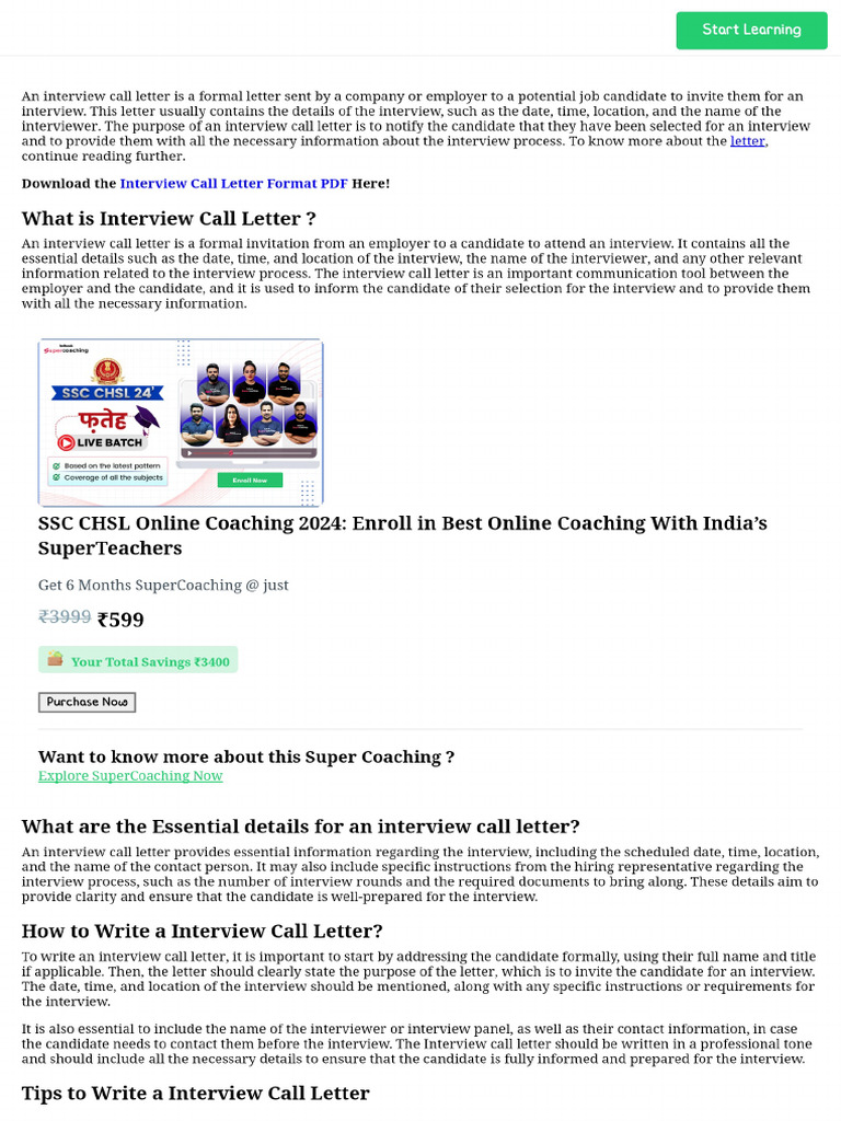 Interview Call Letter Format - Samples, Format, Templates, and PDF | PDF