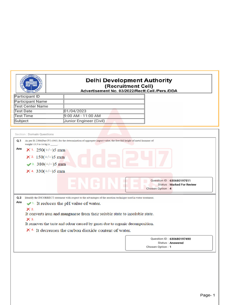 DDA JE Civil Official Paper Held On - 01 Apr 2023 Shift 1 1 | PDF