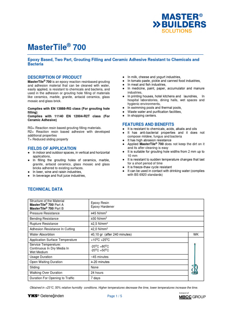 Mastertile® 700 (Formerly Known As Epofuga®) | PDF | Acid | Epoxy
