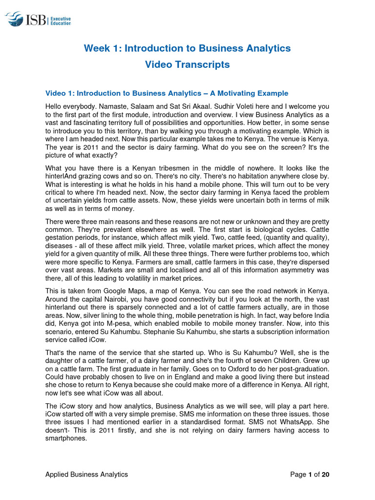 ISB - BA - W1 - Video Transcripts | PDF | Machine Learning | Artificial ...