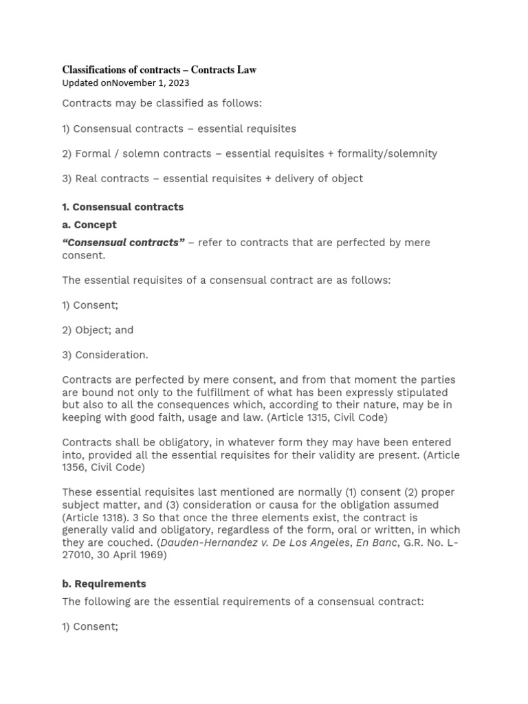 Classifications of Contracts | PDF | Property | Consideration