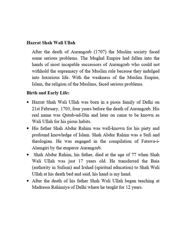 Hazrat Shah Wali Ullah: Life and Reforms | PDF | Quran | Islam