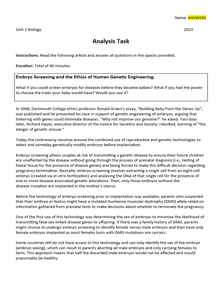 ANSWERS Unit 2 Analysis Task 2023 | PDF | Genetic Disorder | Genotype