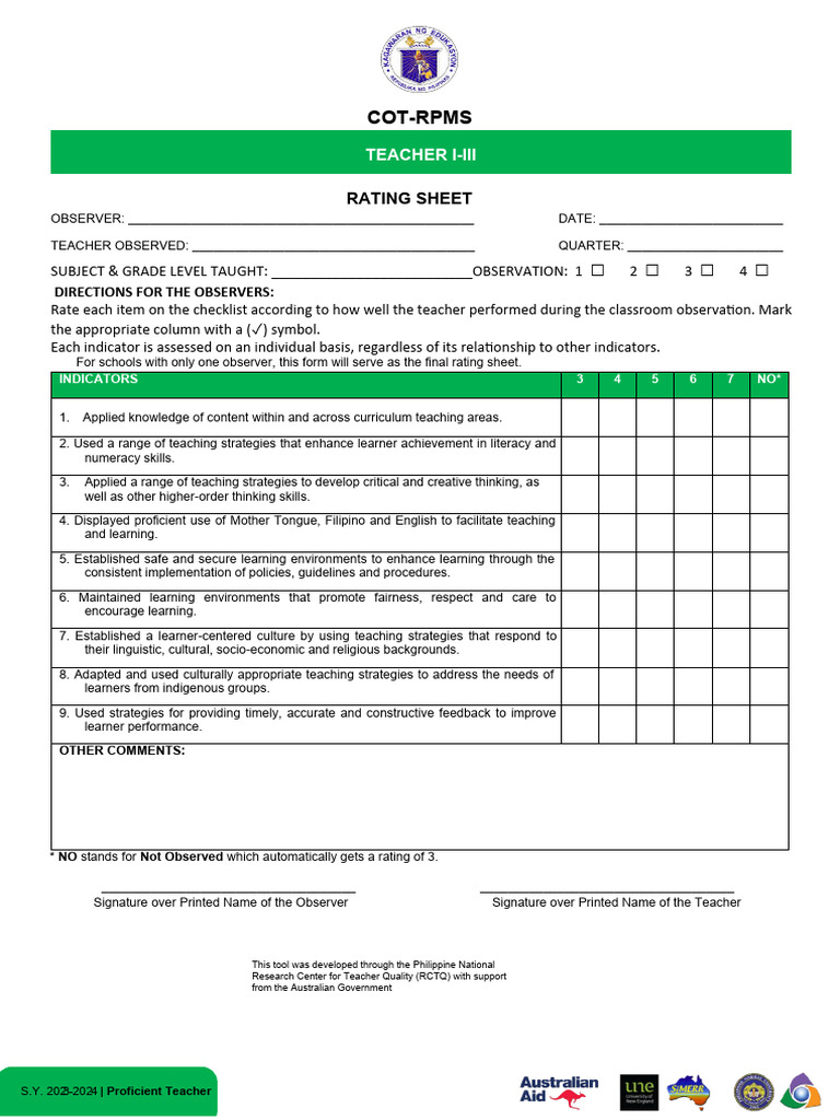Appendix C 03 COT RPMS Rating Sheet for T I III for SY 2023 2024 | PDF ...
