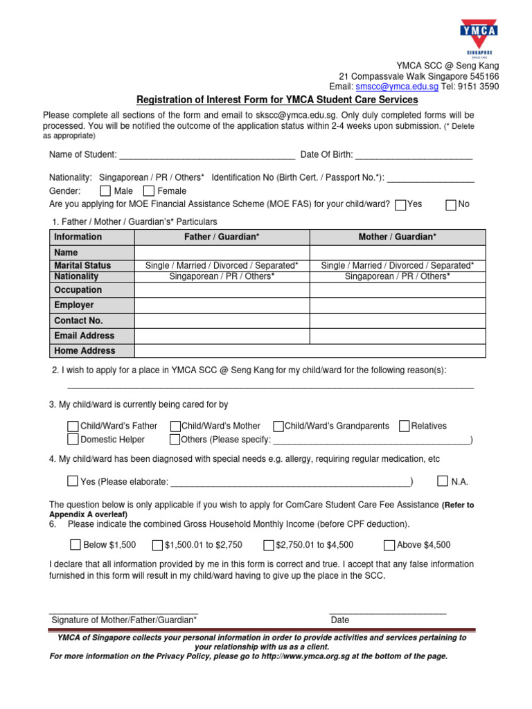 YMCA Registration of Interest - Seng Kang | PDF