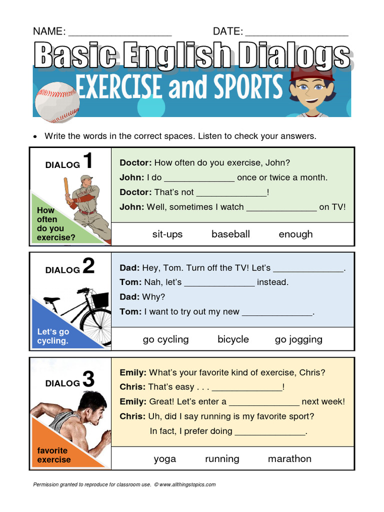 Basic English Dialogs Exerciseandsports | PDF | Linguistics | Learning