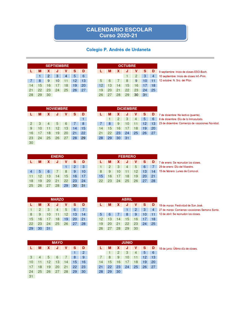Calendario Escolar 2020-21 Urdaneta | PDF