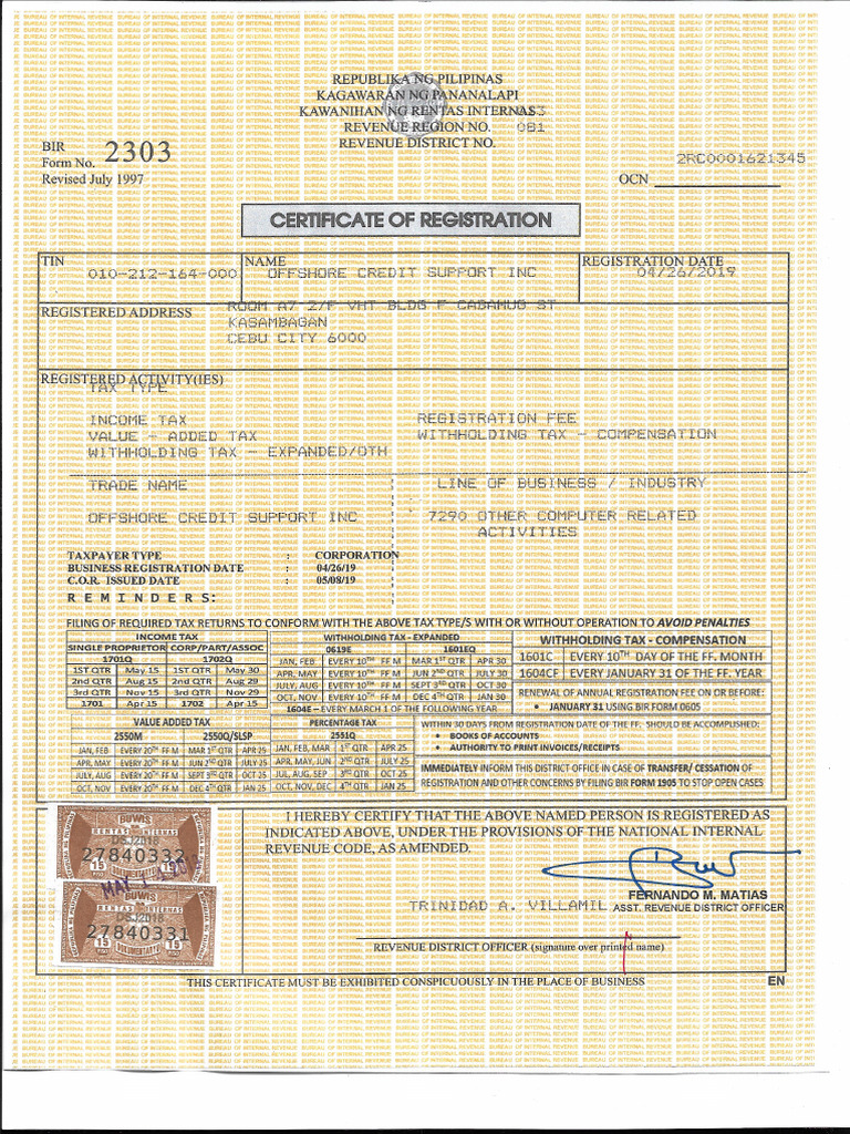 Cert of Registration - BIR | PDF