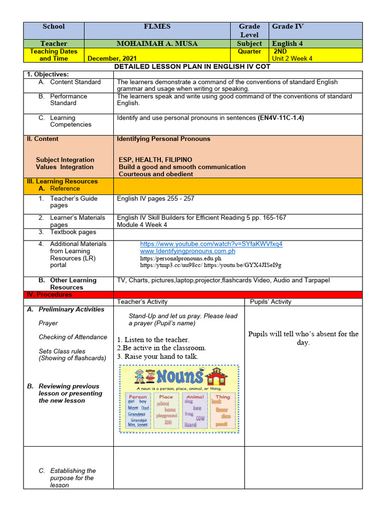 Detailed Lesson Plan for English IV | PDF | Teachers | English Language