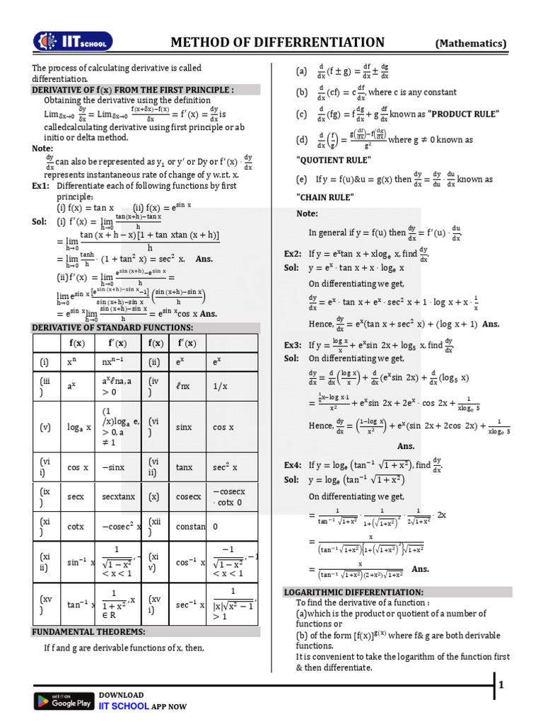 Sheet - 01 - Method of Differentiation | PDF | Derivative | Function (Mathematics)