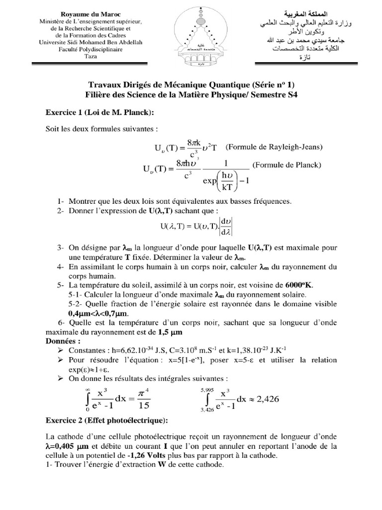 TD1 TD2 TD3. Corrigé Quantique | PDF