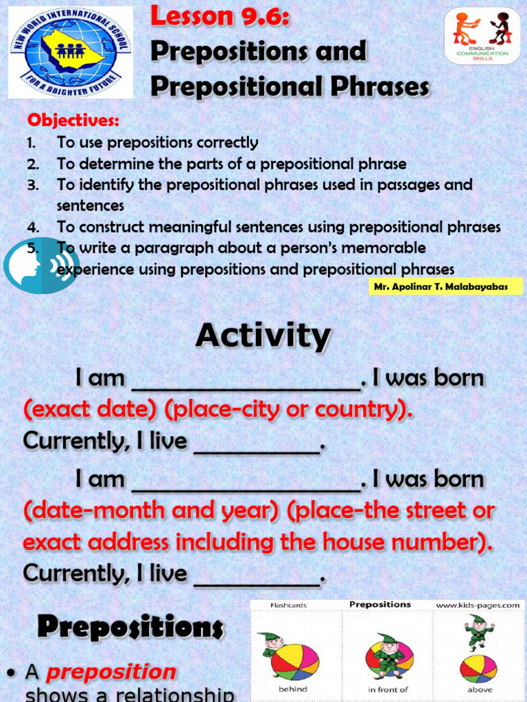 Lesson 9.6 - Prepositions and Prepositional Phrases | PDF | Preposition ...