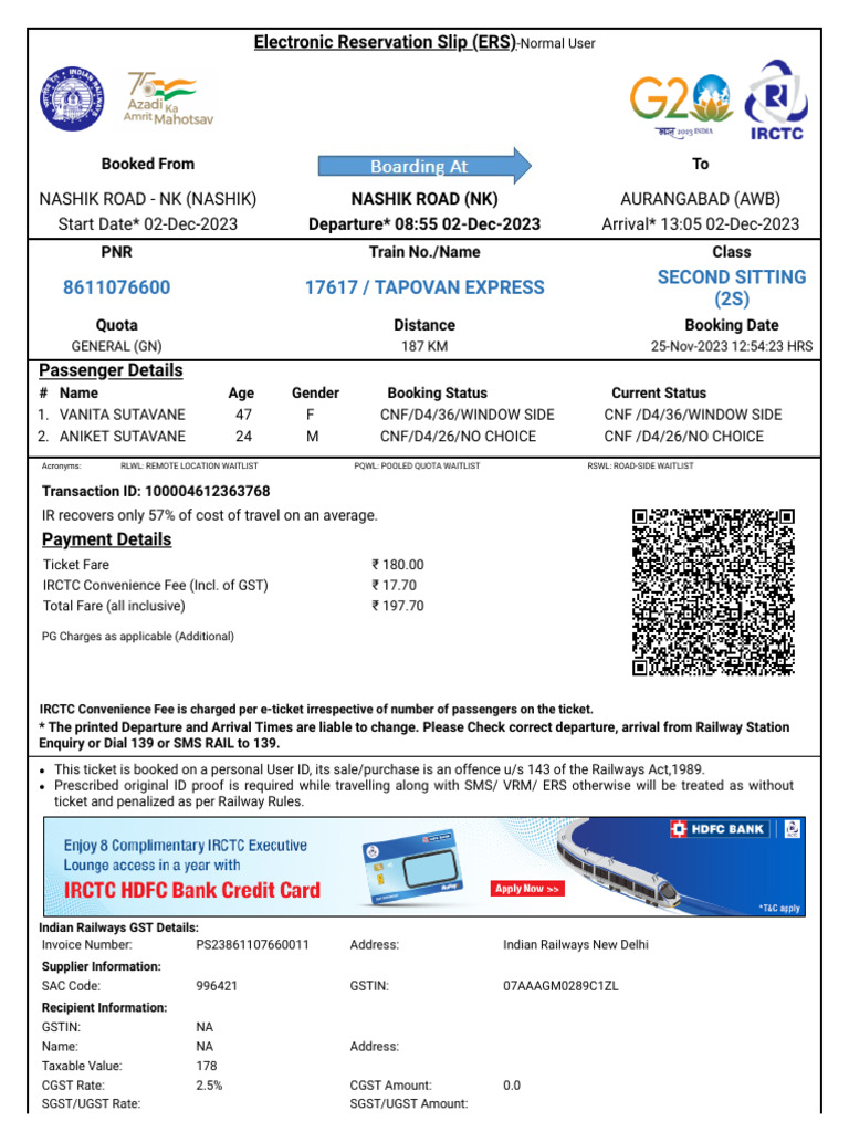 Tapovan Train Ticket 2 Dec 23 Morning | PDF | Identity Document