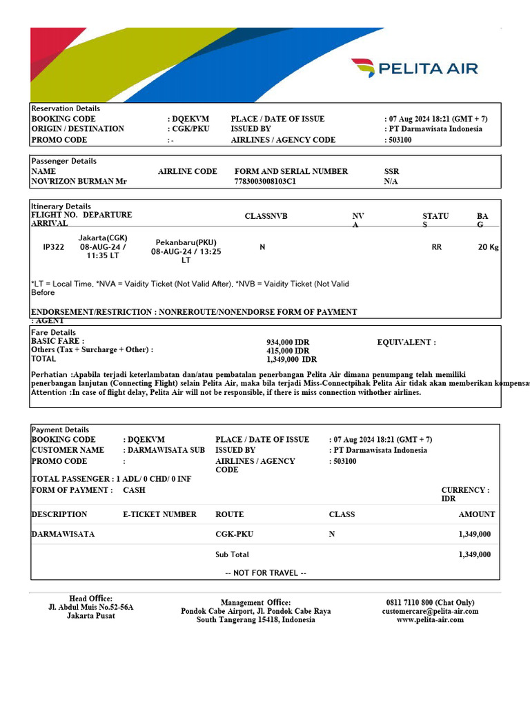 Ticket Pelita Air(8) | PDF | Transport Companies | Aviation