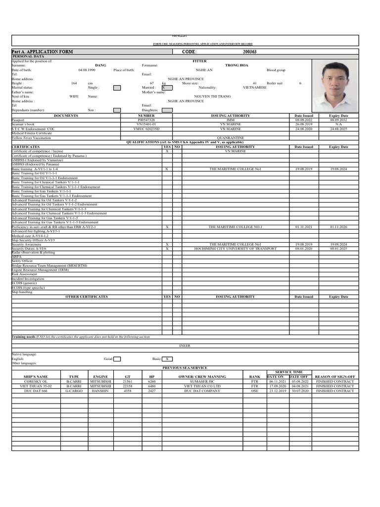 Fitter Application Form for Maritime Position | PDF | Shipping