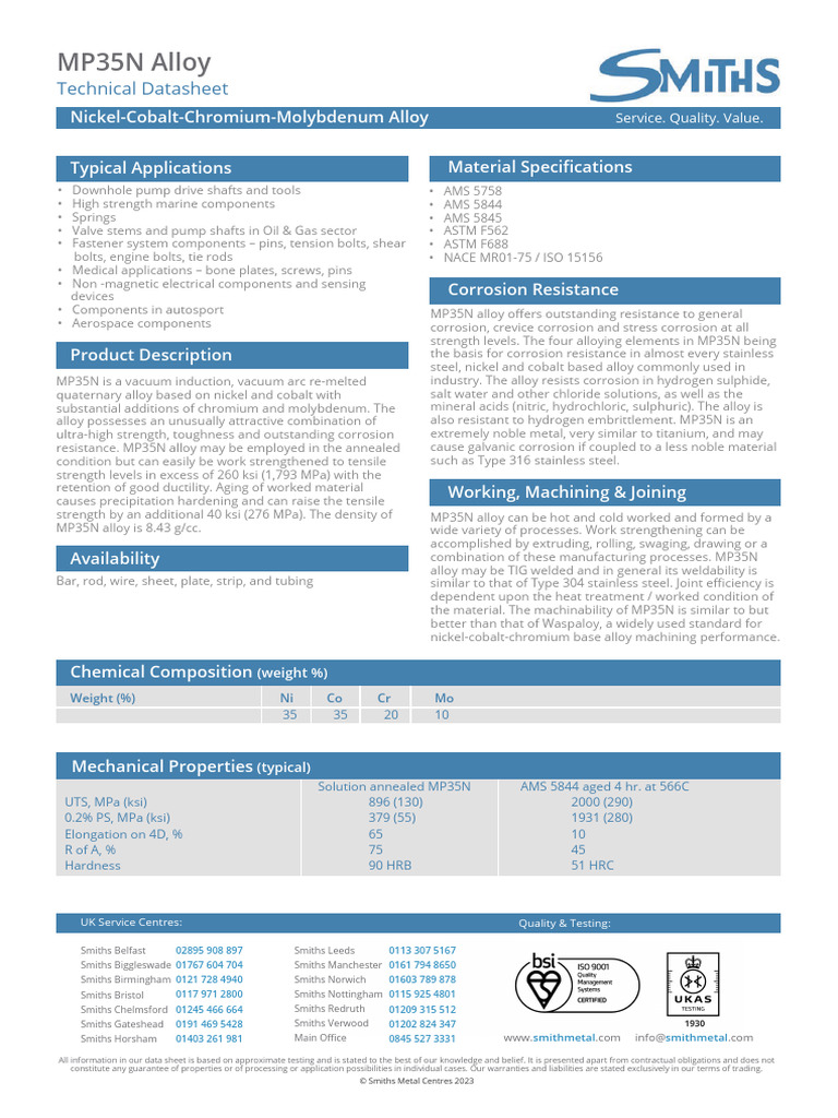 MP35N Alloy: Technical Datasheet | PDF | Stainless Steel | Corrosion