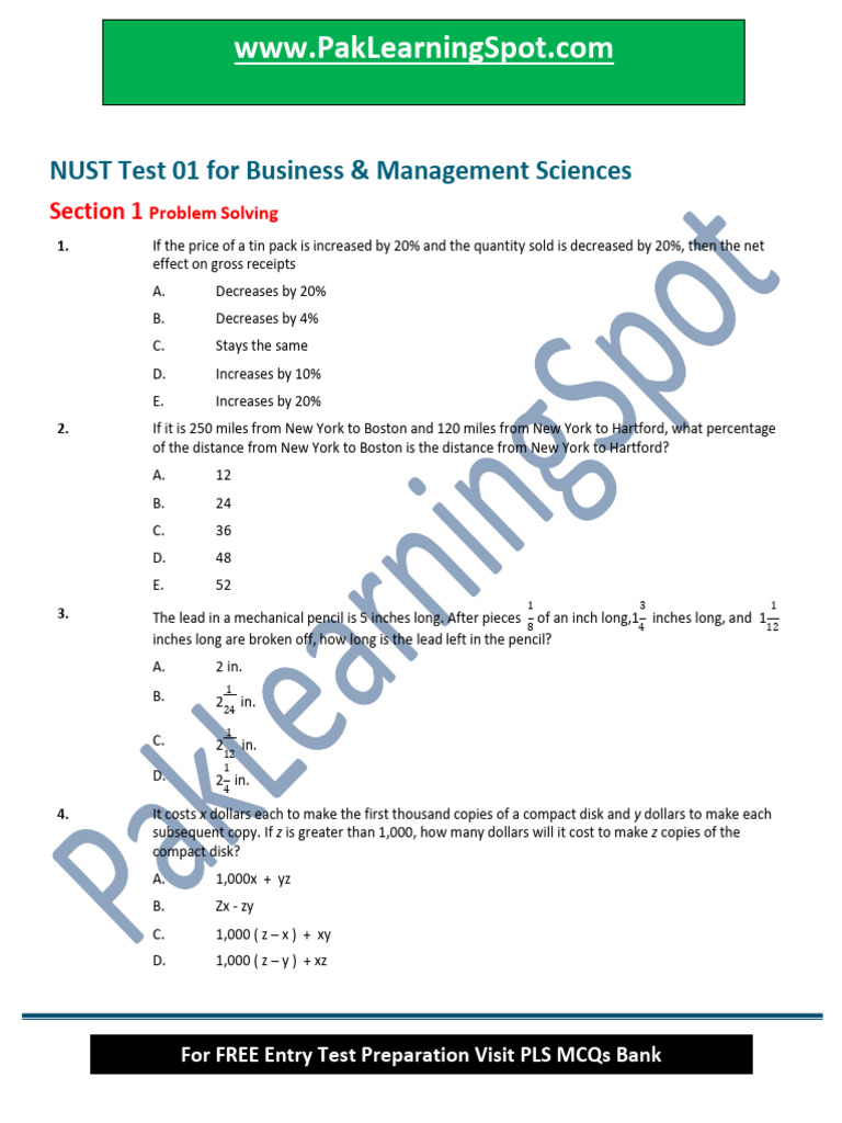 Nust-01 Management-Sciences PakLearningSpot | PDF | Mathematics ...