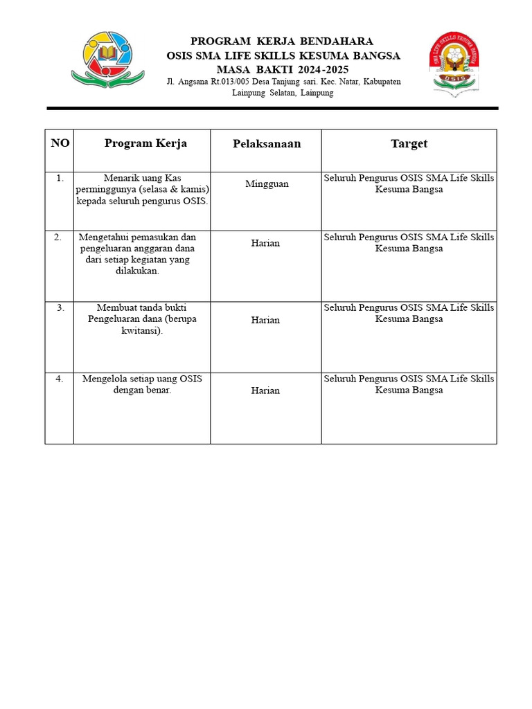 Program Kerja Bendahara Osis Sma Life Skills Masa Bhakti 2024-2025 | PDF