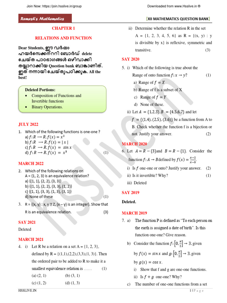 Hsslive Xii Maths QB 1. Relations and Functions | PDF | Function (Mathematics) | Mathematics
