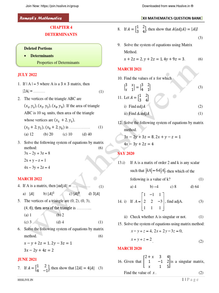 Hsslive Xii Maths QB Deter 2024 | PDF | Matrix (Mathematics) | Algebra