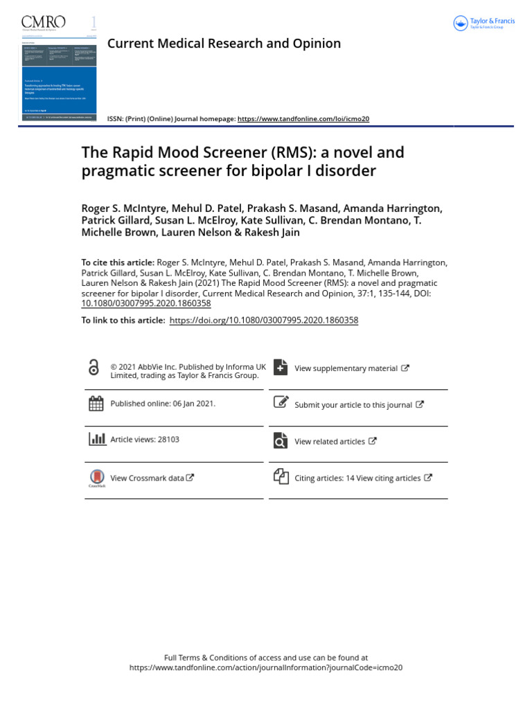 The Rapid Mood Screener RMS A Novel and Pragmatic Screener For Bipolar ...