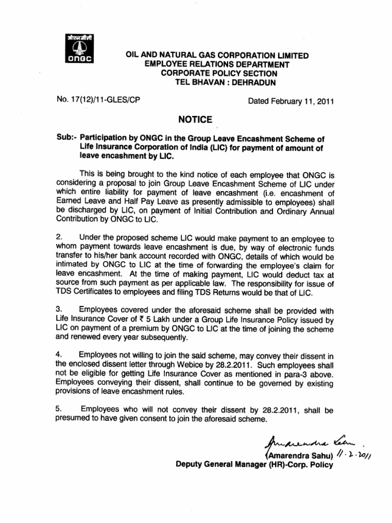 Participation by ONGC in Group Leave Encashment Scheme of LIC. | PDF