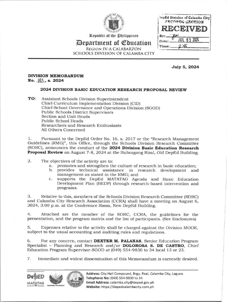 Division Memorandum No. 183 S. 2024 1 | PDF