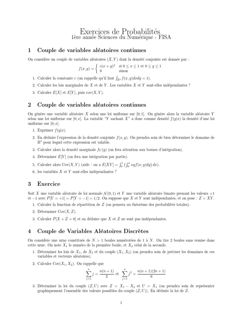 Exercices - Couples Variables Aleatoires | PDF | Loi normale | Probabilité