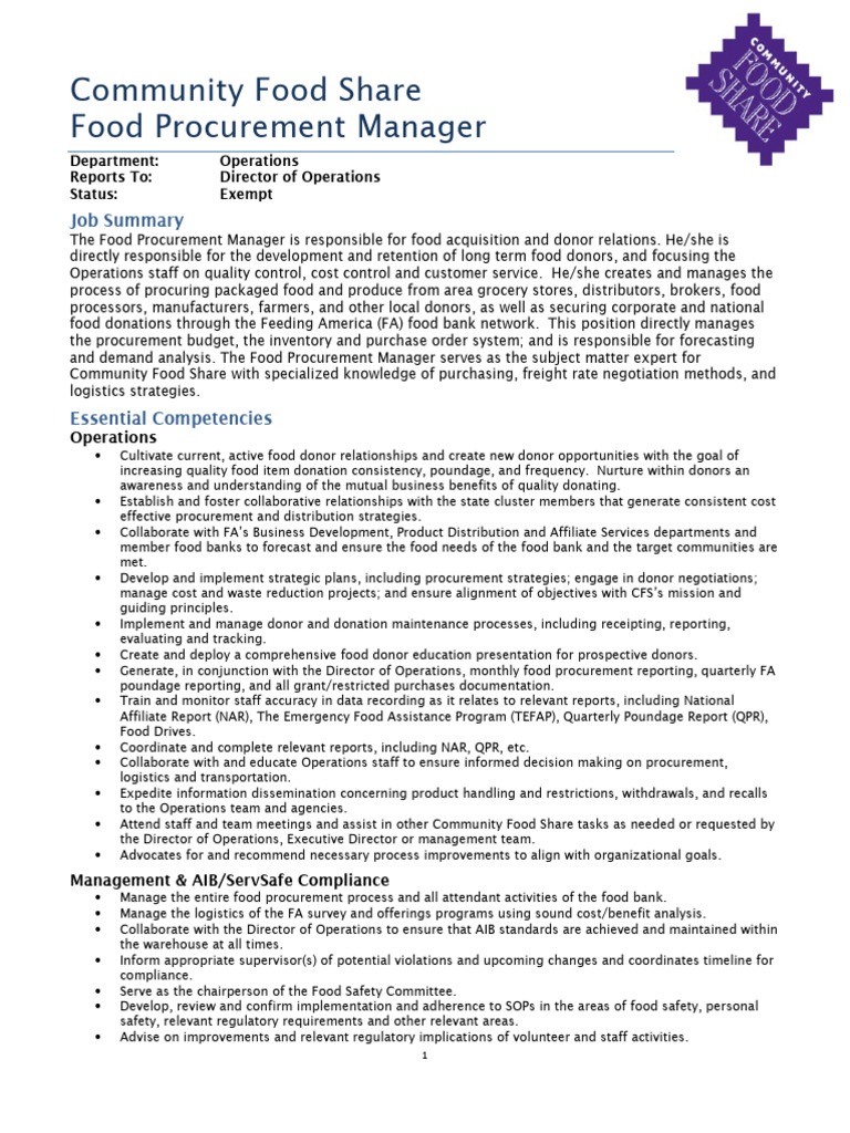 Food Procurement Manager Job Description CFS | PDF | Procurement ...