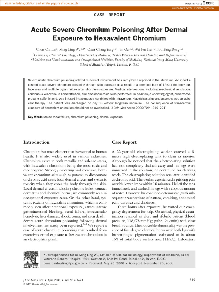 Acute Severe Chromium Poisoning After Dermal | PDF | Chromium | Creatinine
