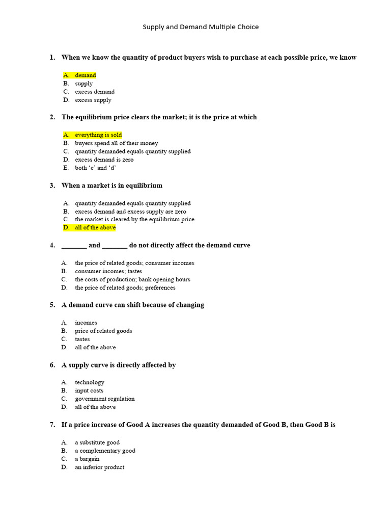 Supply and Demand Quiz Questions | PDF | Economic Equilibrium | Demand