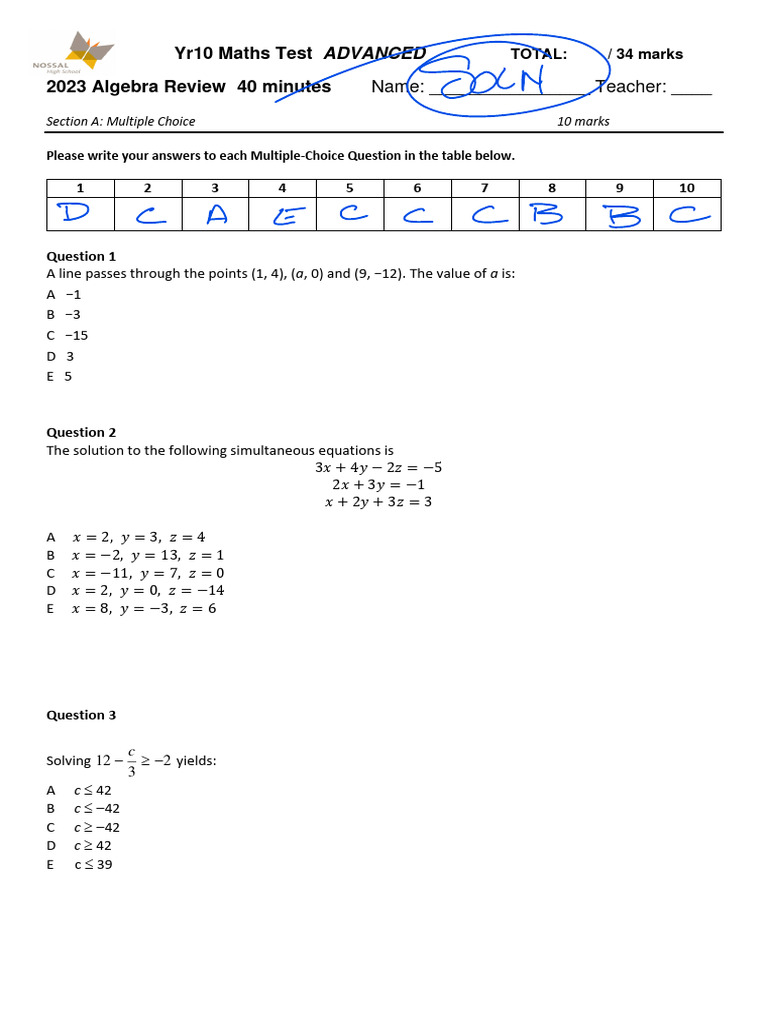 2023 10 Algebra Review ADV SOLN | PDF | Equations | Variable (Mathematics)