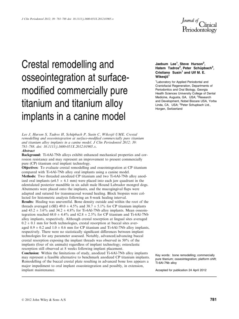 01 Crestal Remodelling and Osseointegration at Surface - Modified Commercially Pure Titanium and ...