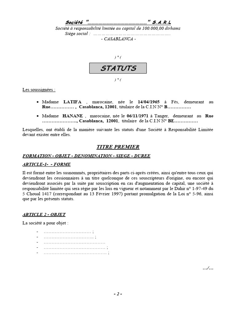 Modèle de Statuts pour S.A.R.L. | PDF | Partenariat | Économie d'entreprise