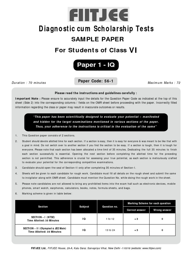 Dst-2425-Sample Paper-Class-Vi-P1-I.q. | PDF