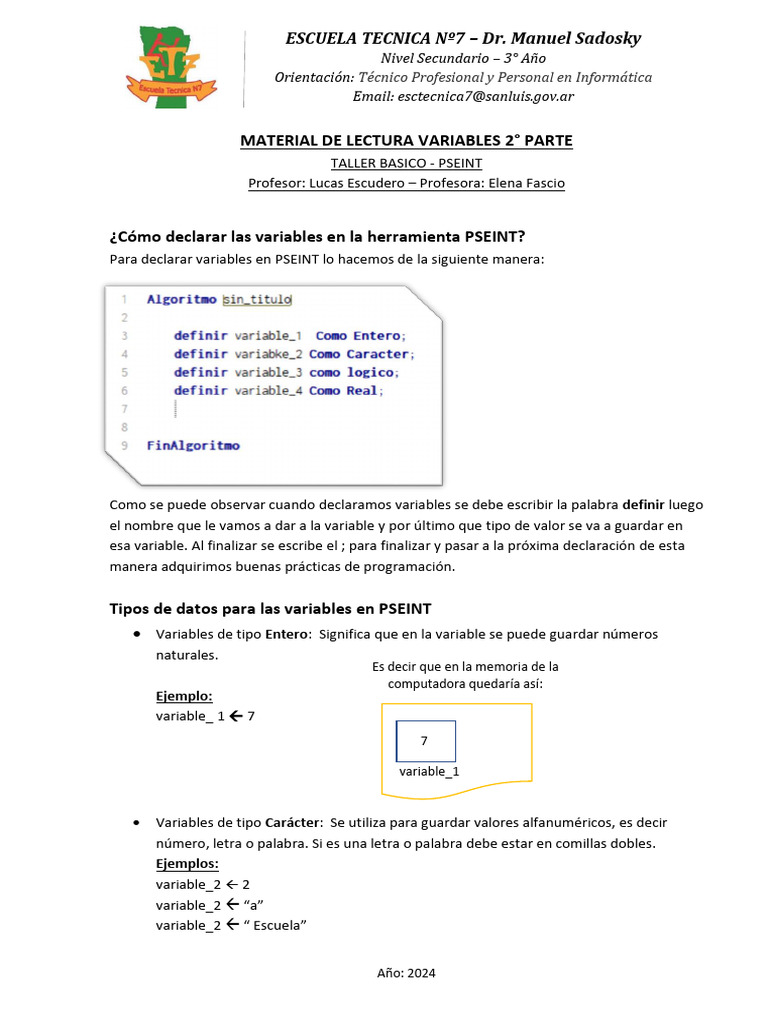Material de Lectura Variables 2° Parte | PDF | Variable (informática) | Tipo de datos