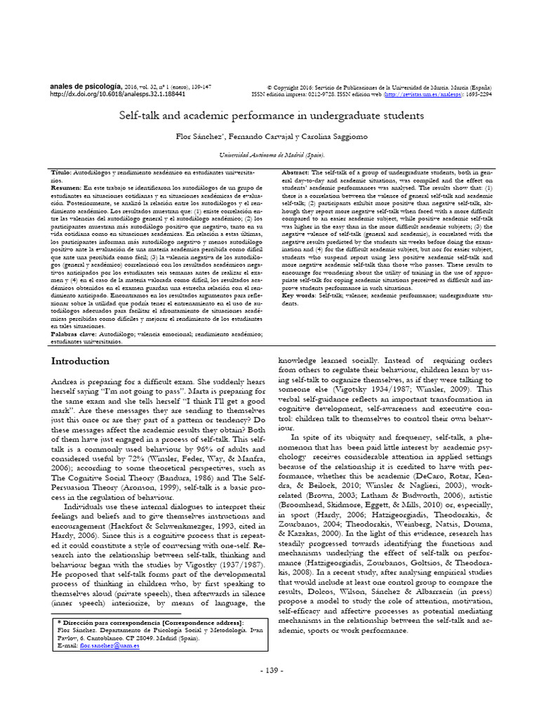 Self-Talk and Academic Perform | PDF | Cognitive Psychology ...