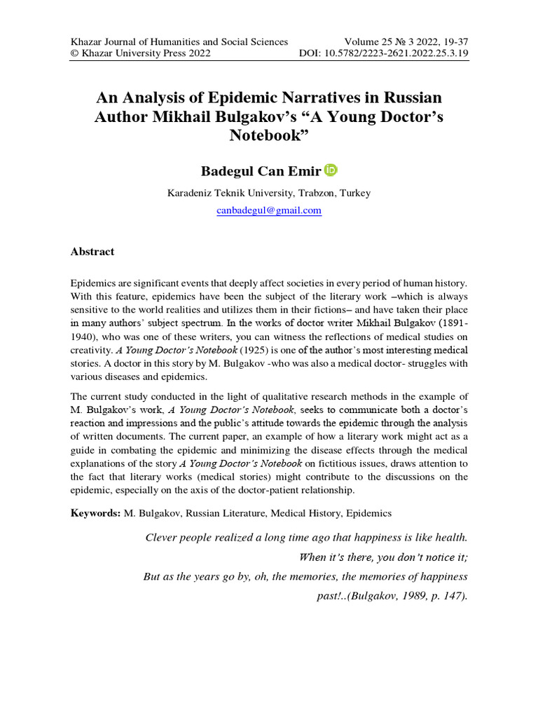 An Analysis of Epidemic Narratives in Russian Author Mikhail Bulgakov's ...