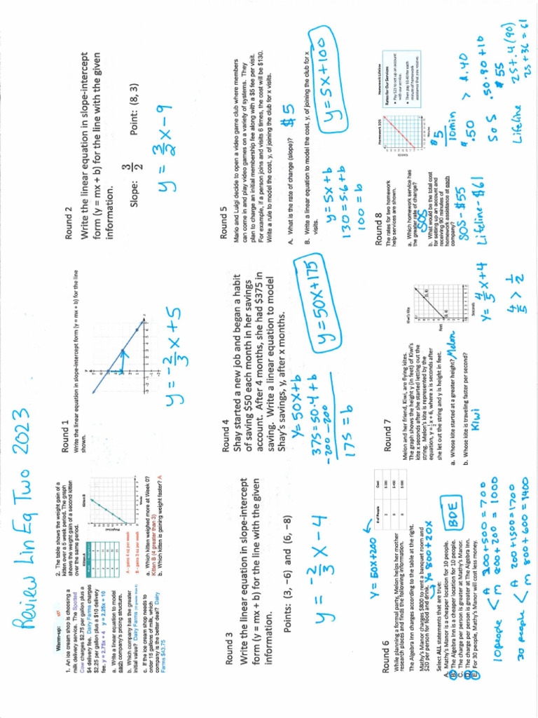 Review Linear Equations Two 2023 Key | PDF | Mathematics | Algebra