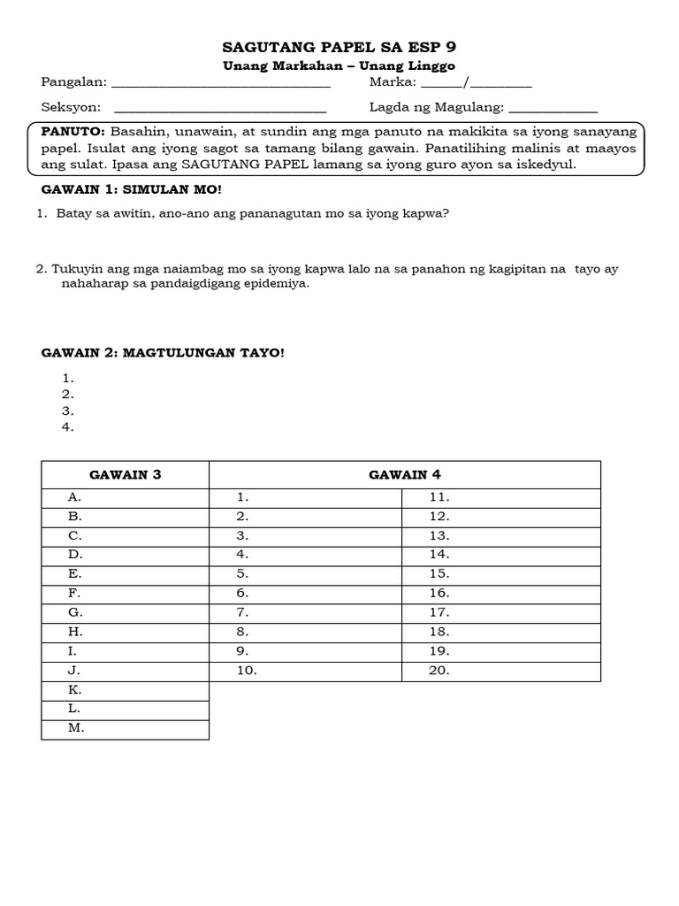Learning Activity Sheet in ESP 9 Quarter 1 (Week 1) | PDF